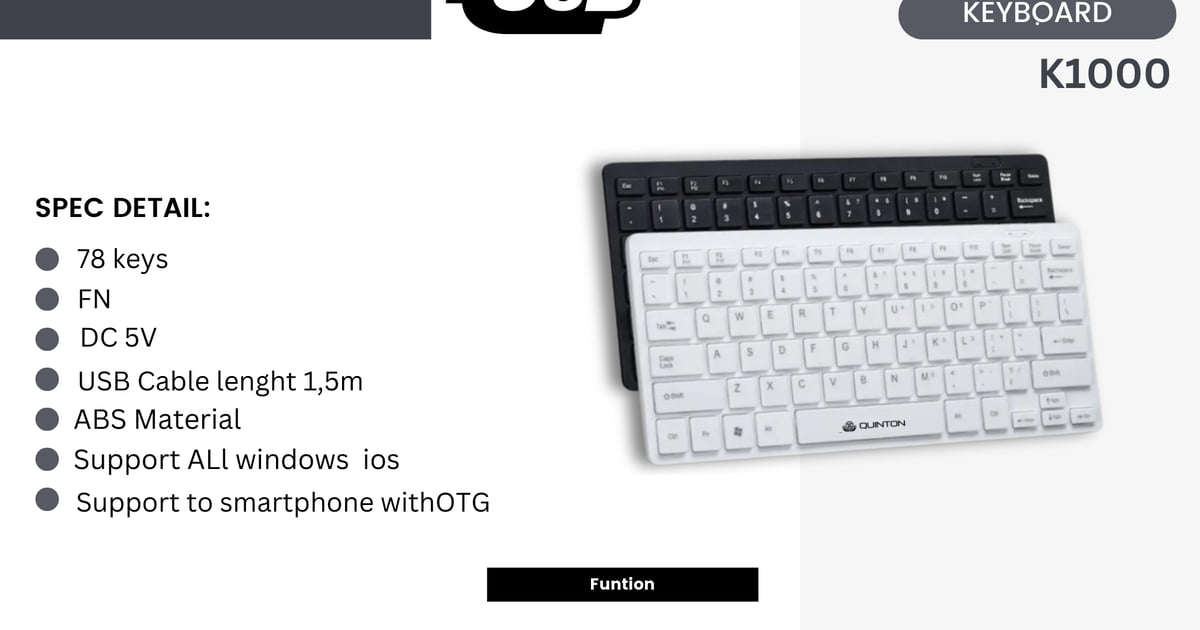 Keyboard Mini Usb Wired K1000 78key Hitam Putih