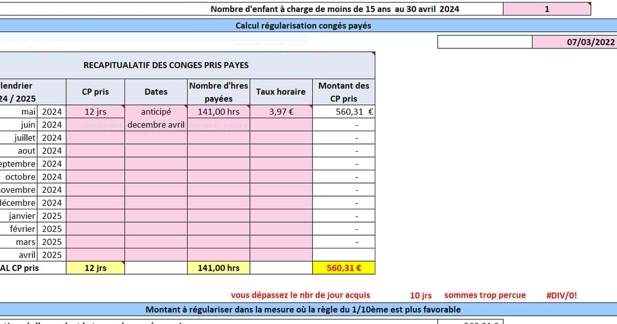 Tableau de calcul de congés payés | Laly'Anna