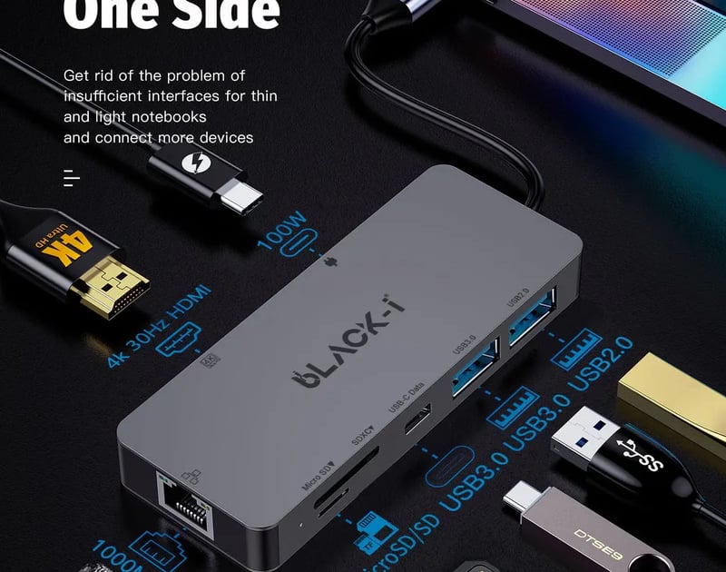 Black-i Type-C hub with HDMI, USB , PD , Gigabit Lan & Car reader-BI ...