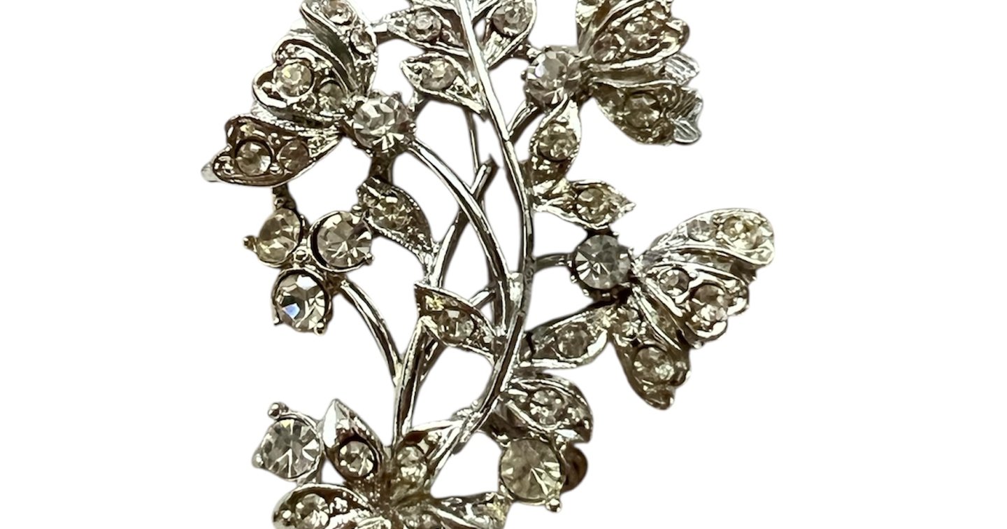 Sidabro tono gėlių puokštės sagė su skaidriais kristalais | Dionka