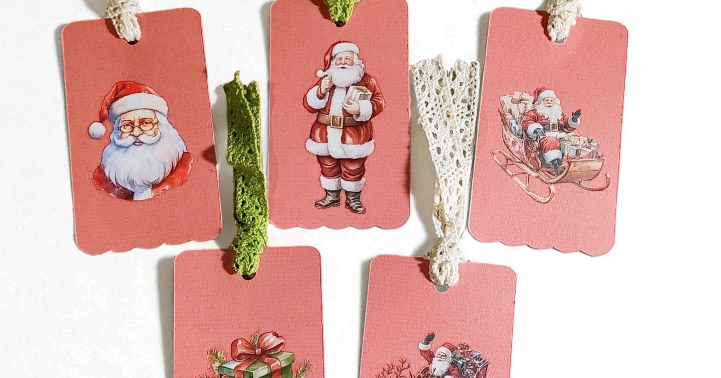 Handmade Retro Santa Christmas Gift Tags with Lace Ribbon - Set of 5 ...
