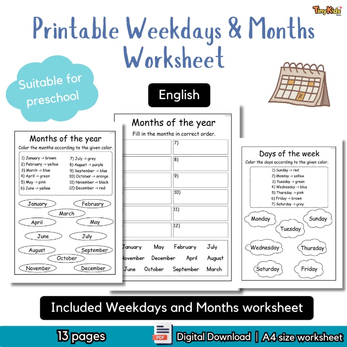 Printable Weekdays and Months Name Practice Worksheet | Weekdays Name ...