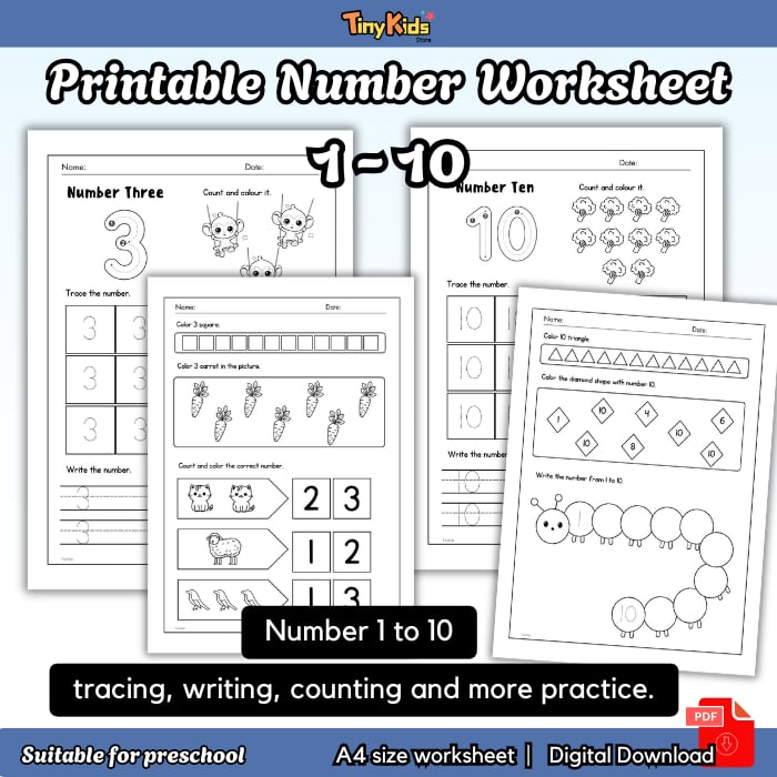 Printable Number 1 to 10 Practice Worksheet | Tracing, Writing ...