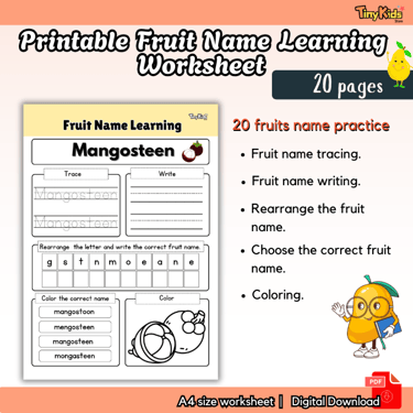 Printable Fruit Name Worksheet | Fruit Name Recognition | Tiny Kids Store