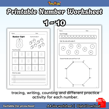 Printable Number 1 to 10 Practice Worksheet | Tracing, Writing ...