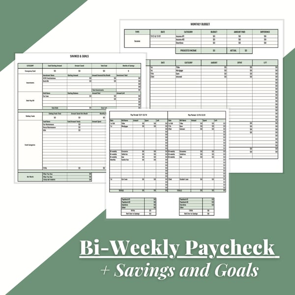 Bi-Weekly & Monthly Paycheck Budget Tracker (Green) | Mamas on a Budget