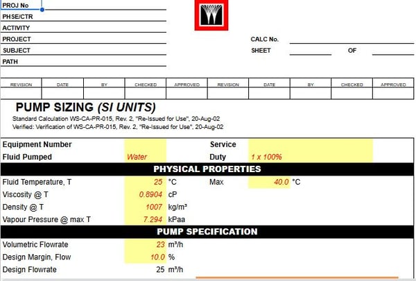 PUMP SIZING SI UNITS | Growmechanical spreadsheets