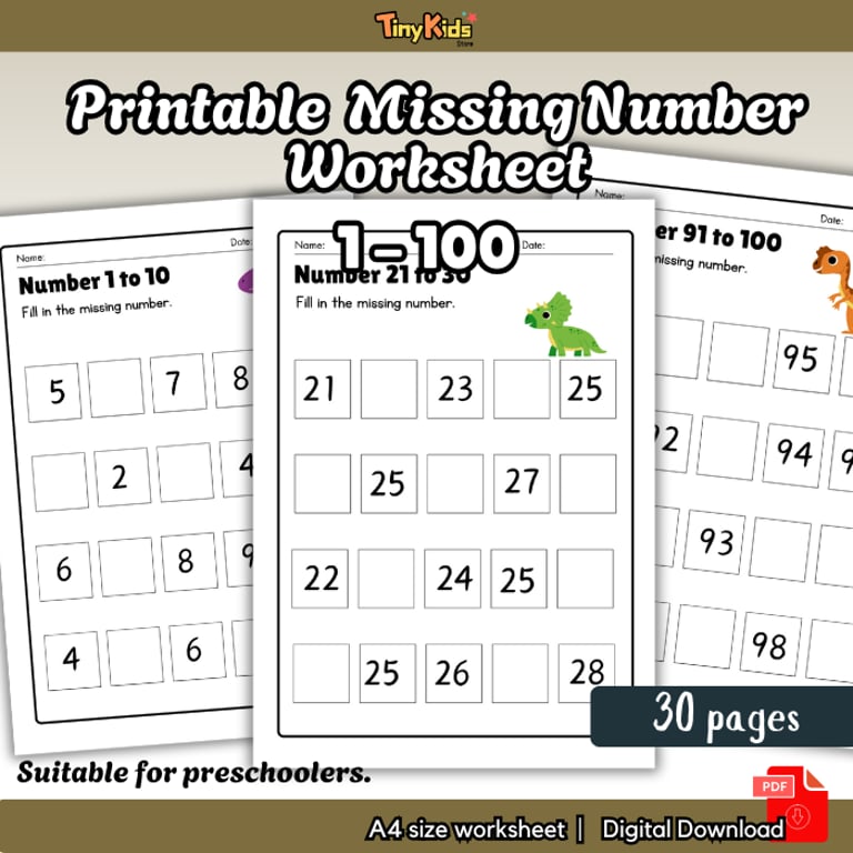 Printable Fill In Missing Number 1- 100 Worksheet for Kids | Tiny Kids ...
