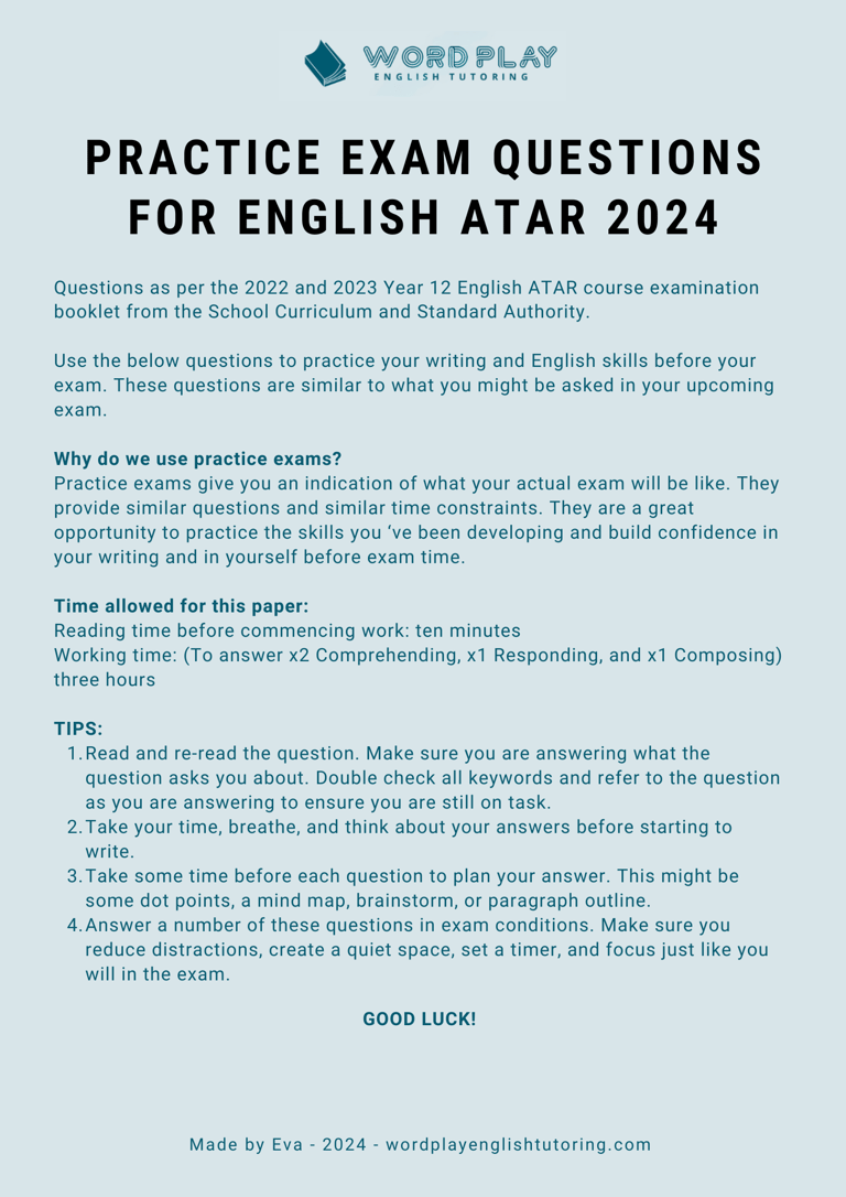 English ATAR - PRACTICE EXAM QUESTIONS | WordPlay English Tutoring