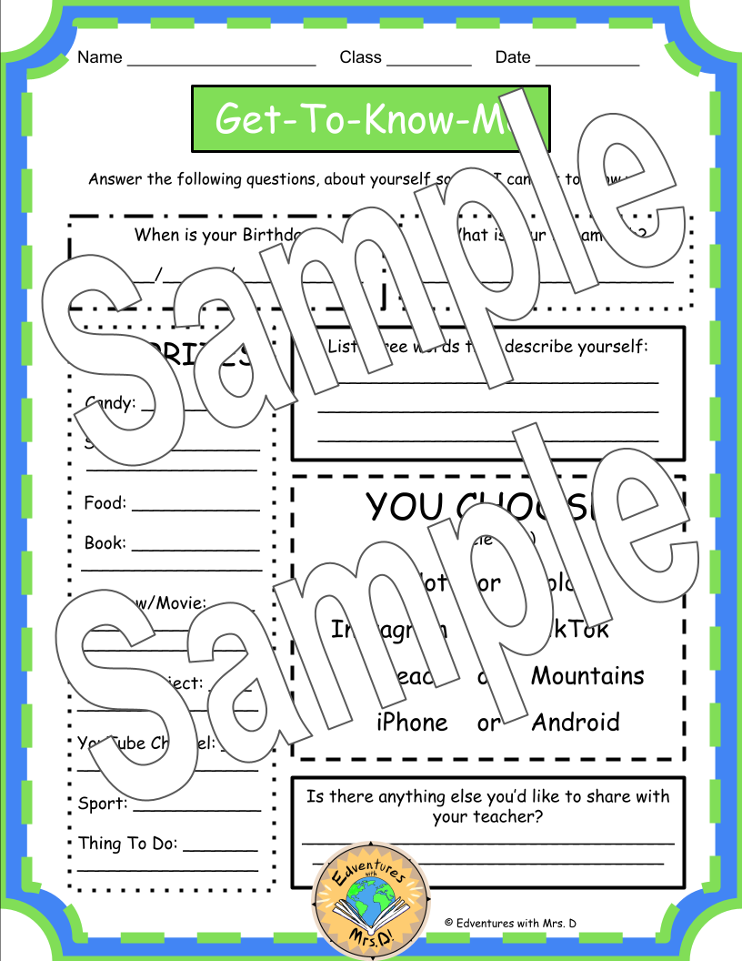 First Day of School Get-To-Know-You Sheets | Edventures With Mrs. D